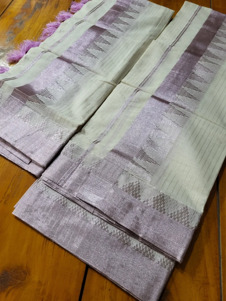 SILVER SET MUND WITH PINK KUNJALAM - 30137 - Saanshi Handloom