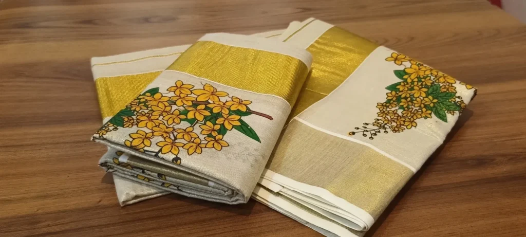 Vishu Special Konna poov tissue print set mund – Saanshi Handloom