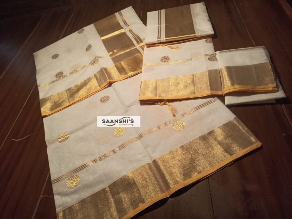 Flower motif weaved set mund- 4860 Ready to book - Saanshi Handloom